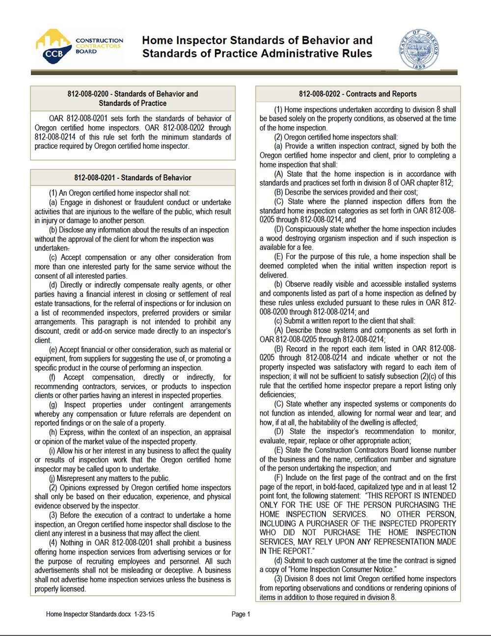 OR Standards of Practice — Caliper Home Inspections