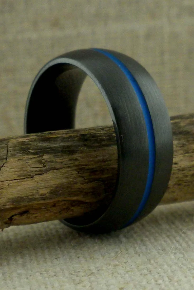 Domed Black Zirconium Wedding Ring with 1 mm Thin Blue Line Inlay ...