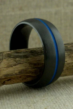 Domed Black Zirconium Wedding Ring with 1 mm Thin Blue Line Inlay ...