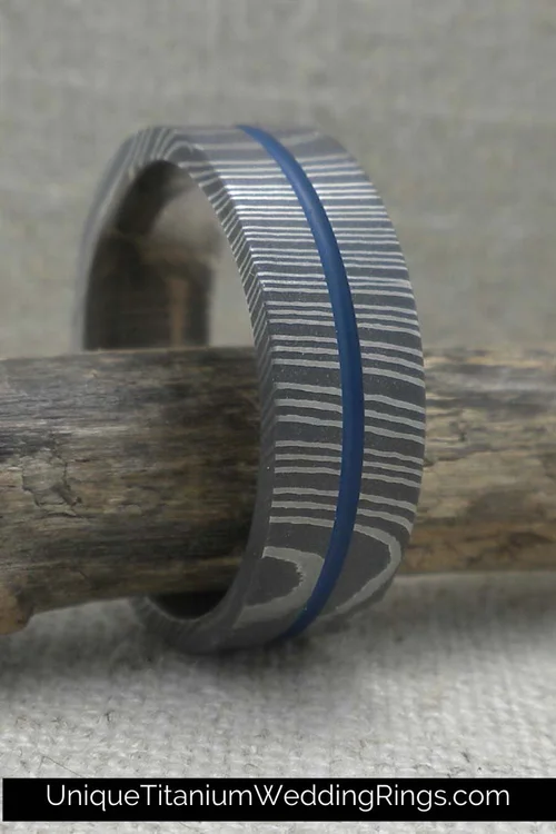 Damascus Steel Wedding Ring with Thin Blue Line — Unique Titanium ...