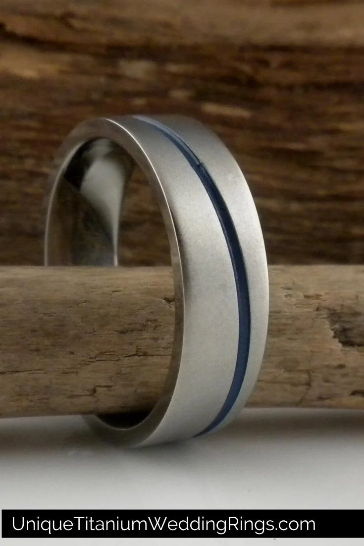 Titanium Wedding Ring with Angled Thin Blue Line — Unique Titanium ...
