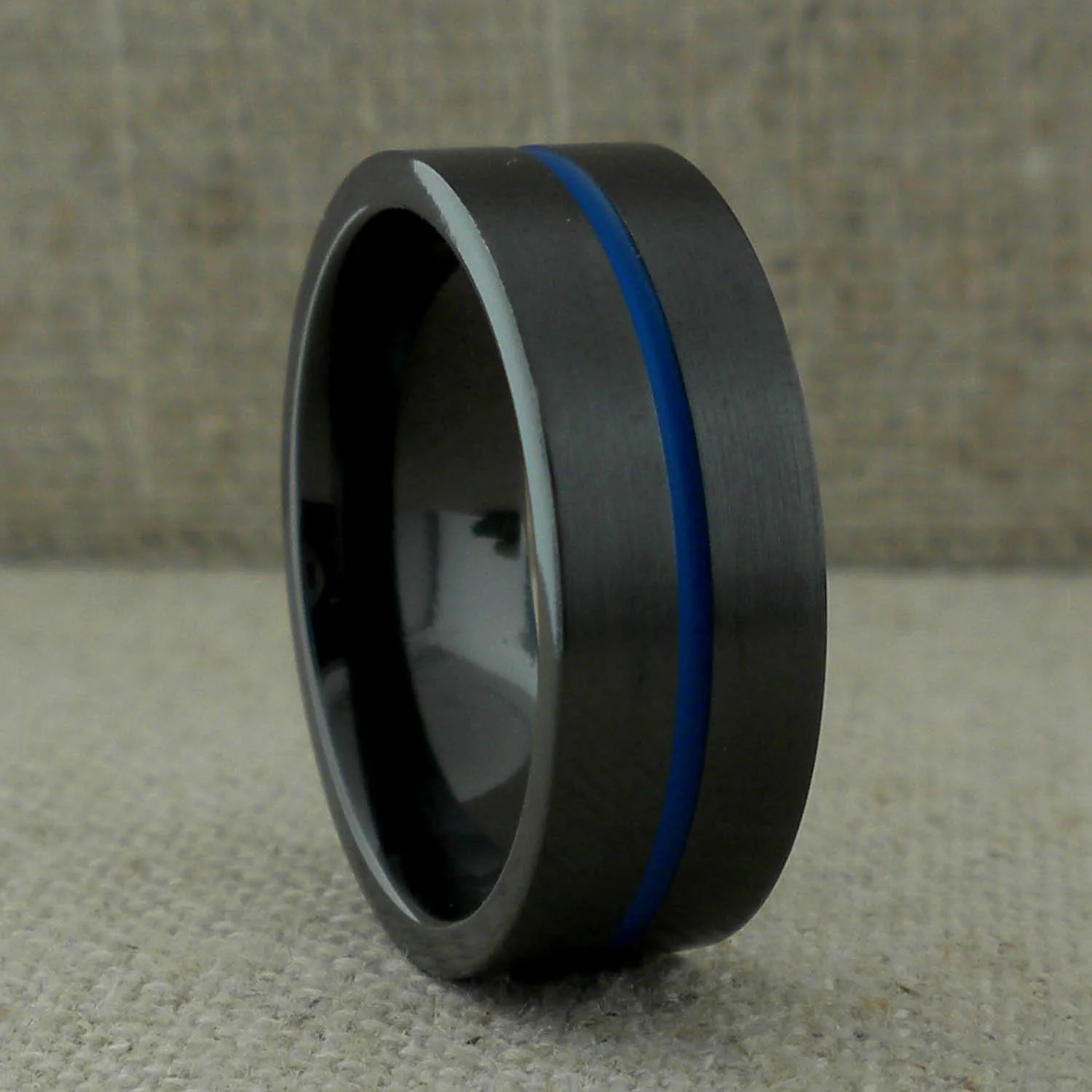 Black Zirconium Wedding Ring with 1 mm Thin Blue Line Inlay — Unique ...
