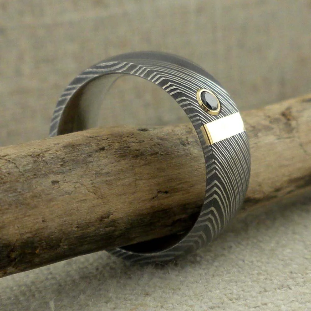 Damascus Steel Ring with 14K Yellow Gold Vertical Inlay and Black ...