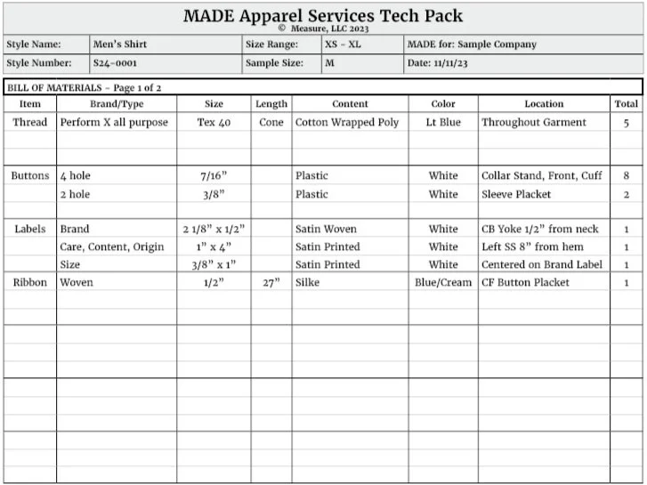 Custom Tech Pack Templates and Tech Pack Services — MADE Apparel Services
