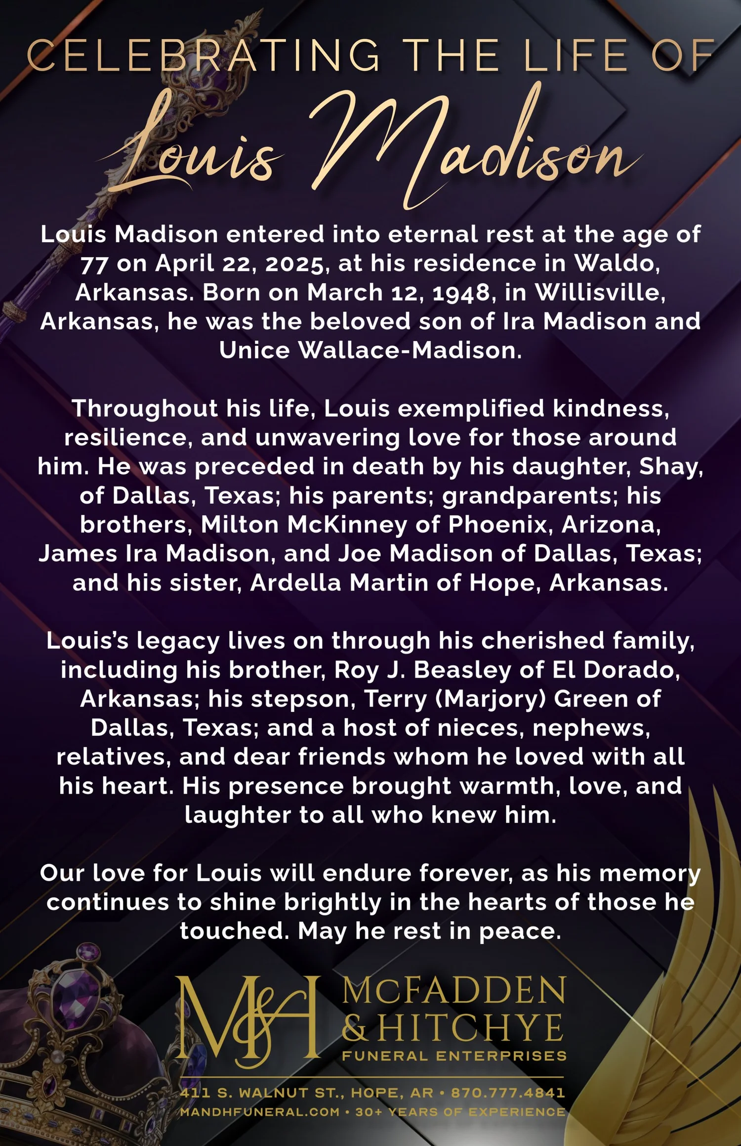 Louis Madison — McFadden & Hitchye Funeral Enterprises