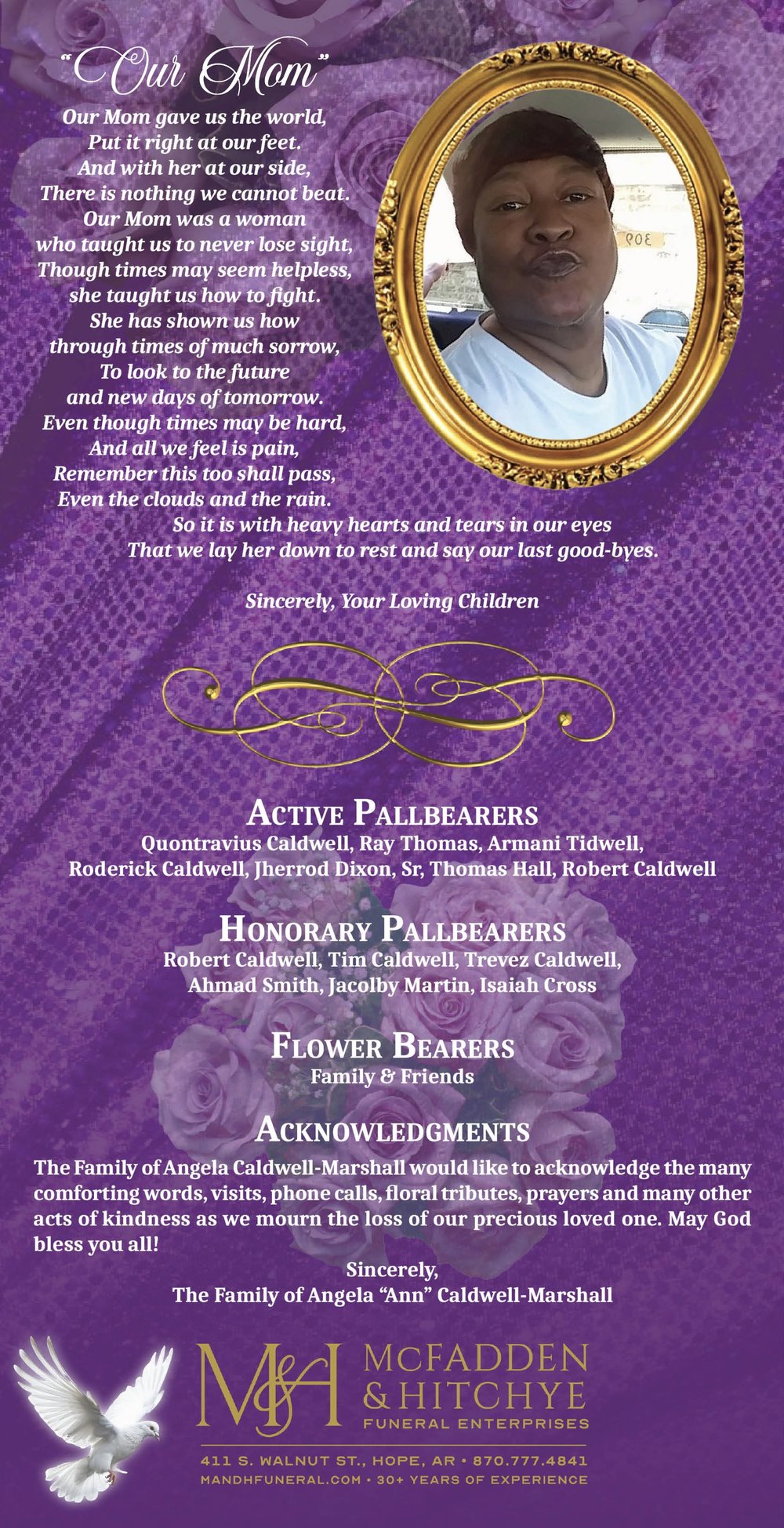Angela Caldwell Marshall — Mcfadden And Hitchye Funeral Enterprises