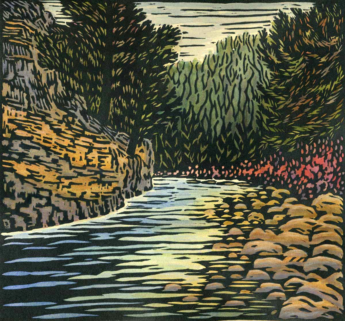 New woodblock print with watercolor - The River Runs II — Jim Meyer Studio