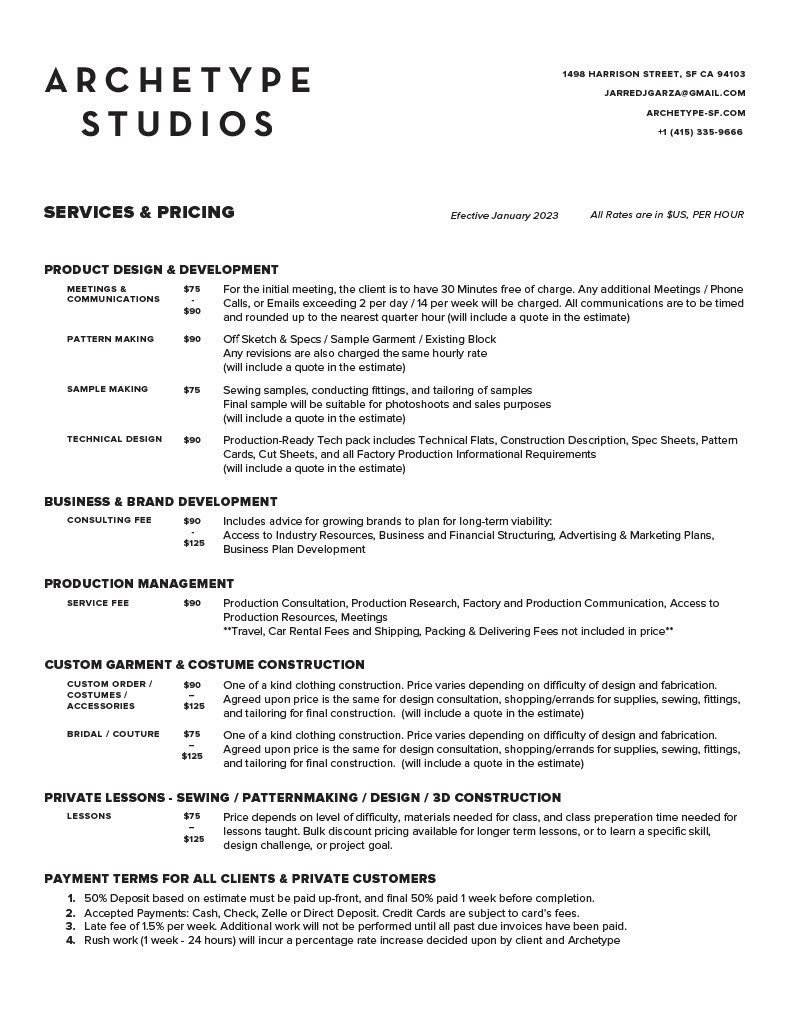 Pricelist — Archetype Studios