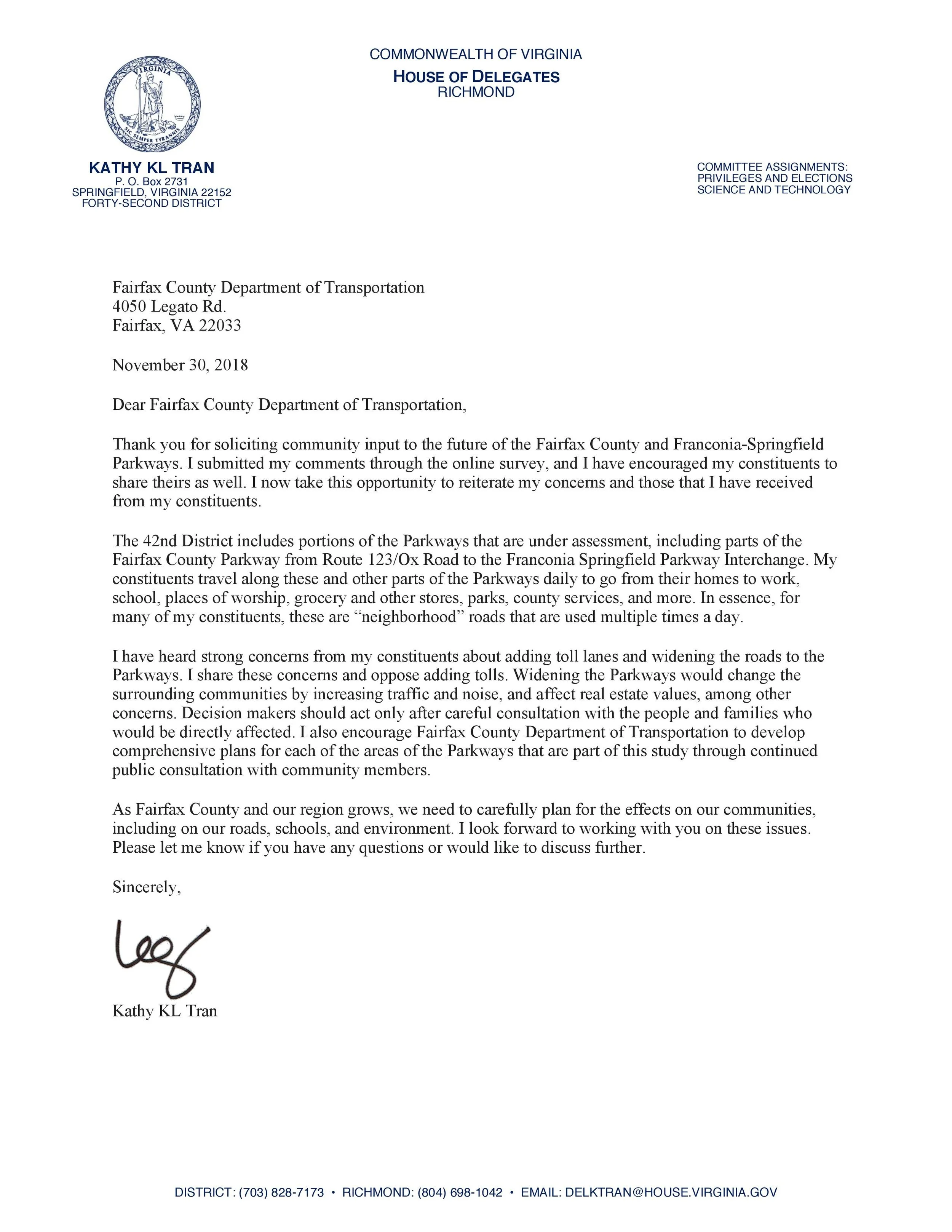 Delegate Tran's Letter Regarding Fairfax County and Franconia ...
