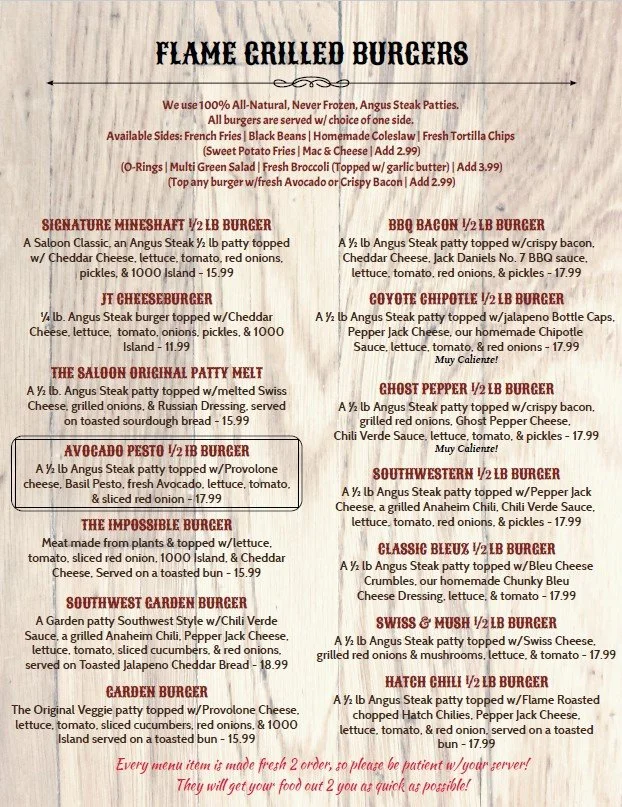 Joshua Tree Saloon & Grill — Menu