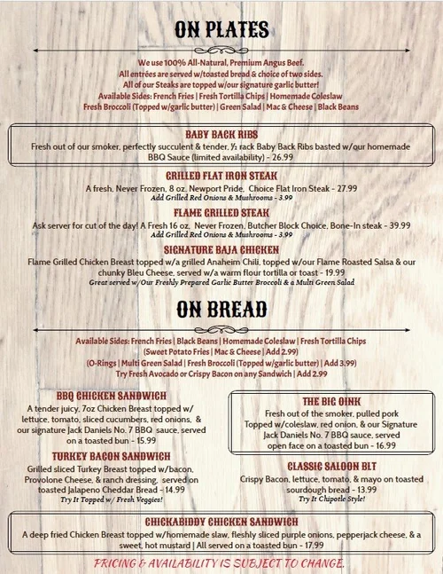 Joshua Tree Saloon & Grill — Menu