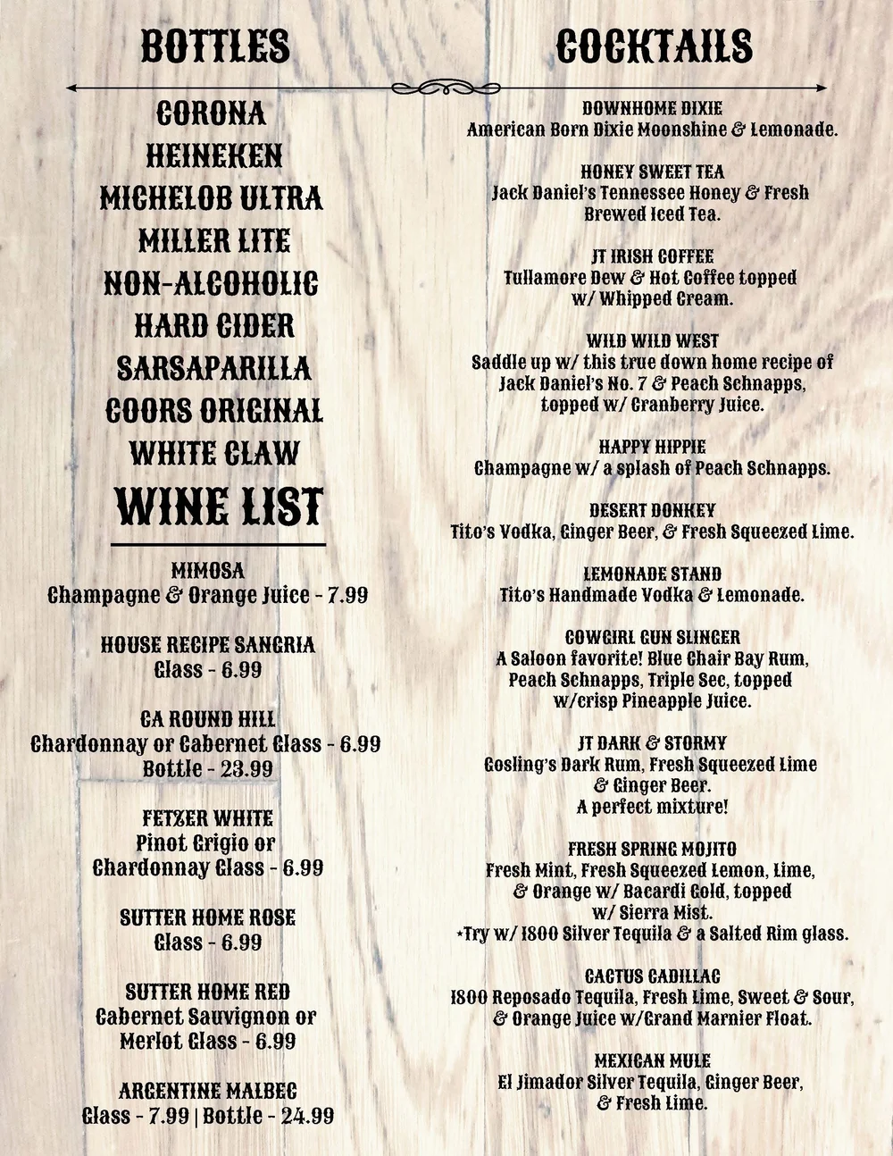 Joshua Tree Saloon & Grill — Menu