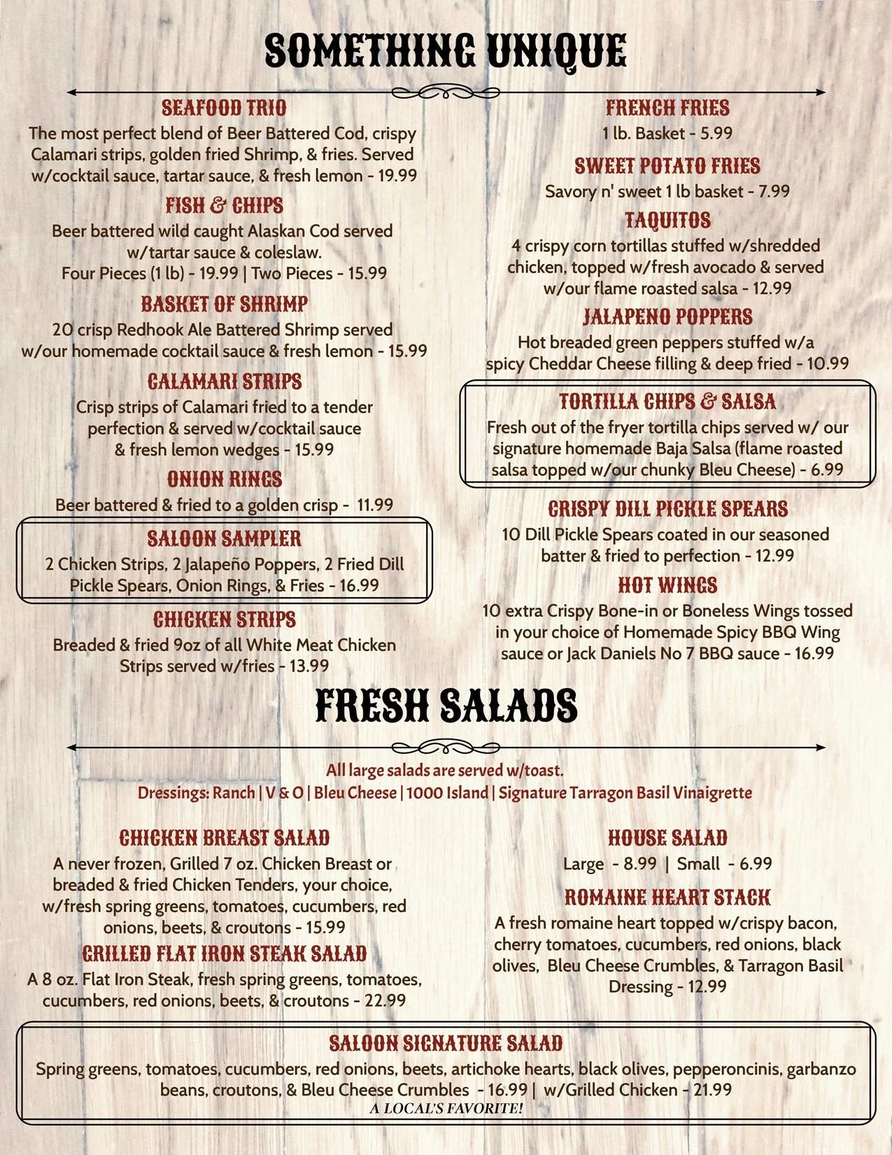 Joshua Tree Saloon & Grill — Menu