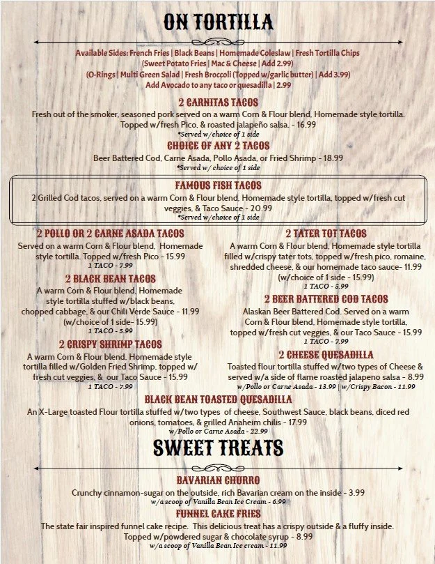 Joshua Tree Saloon & Grill — Menu