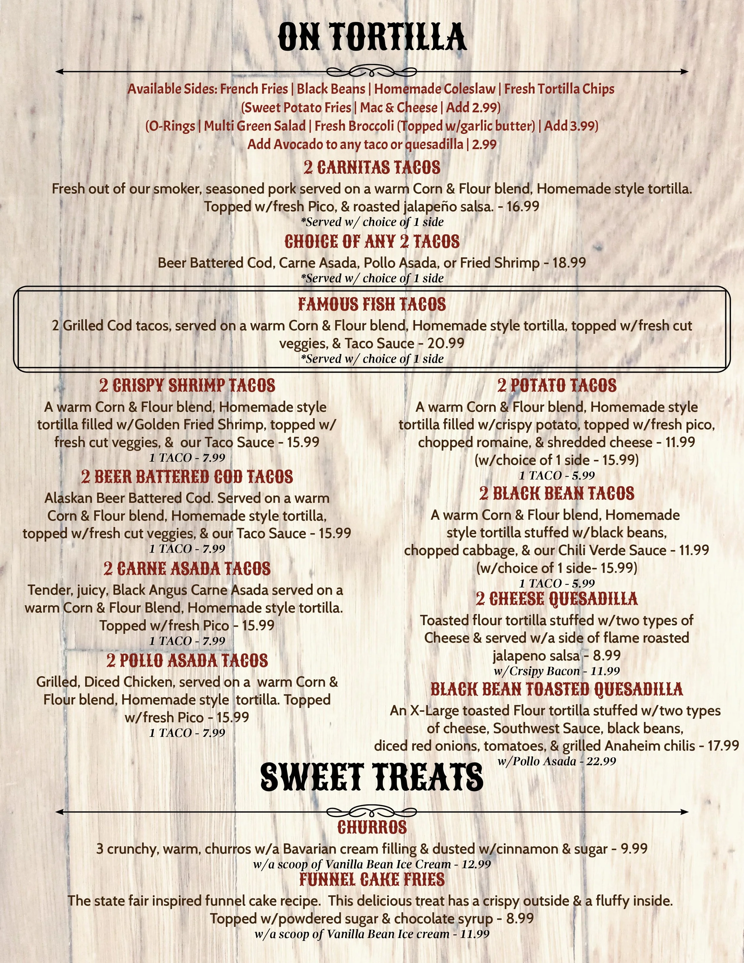 Joshua Tree Saloon & Grill — Menu