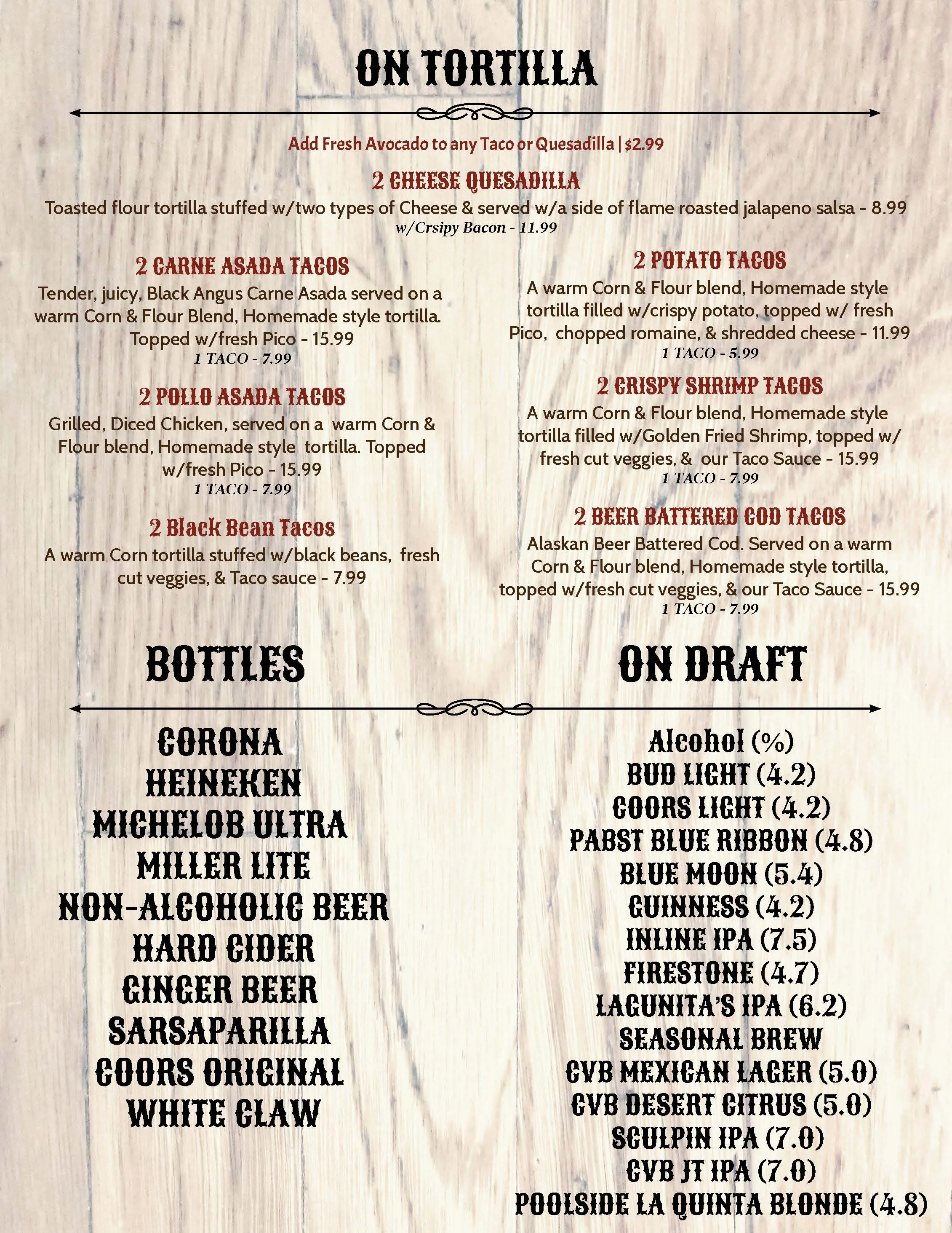 Joshua Tree Saloon & Grill — Patio Menu