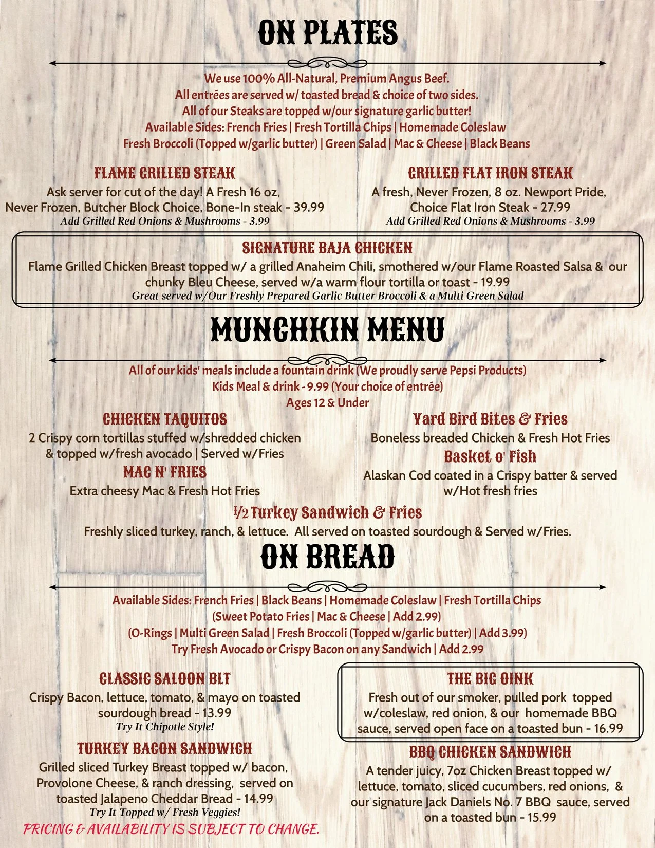 Joshua Tree Saloon & Grill — Menu