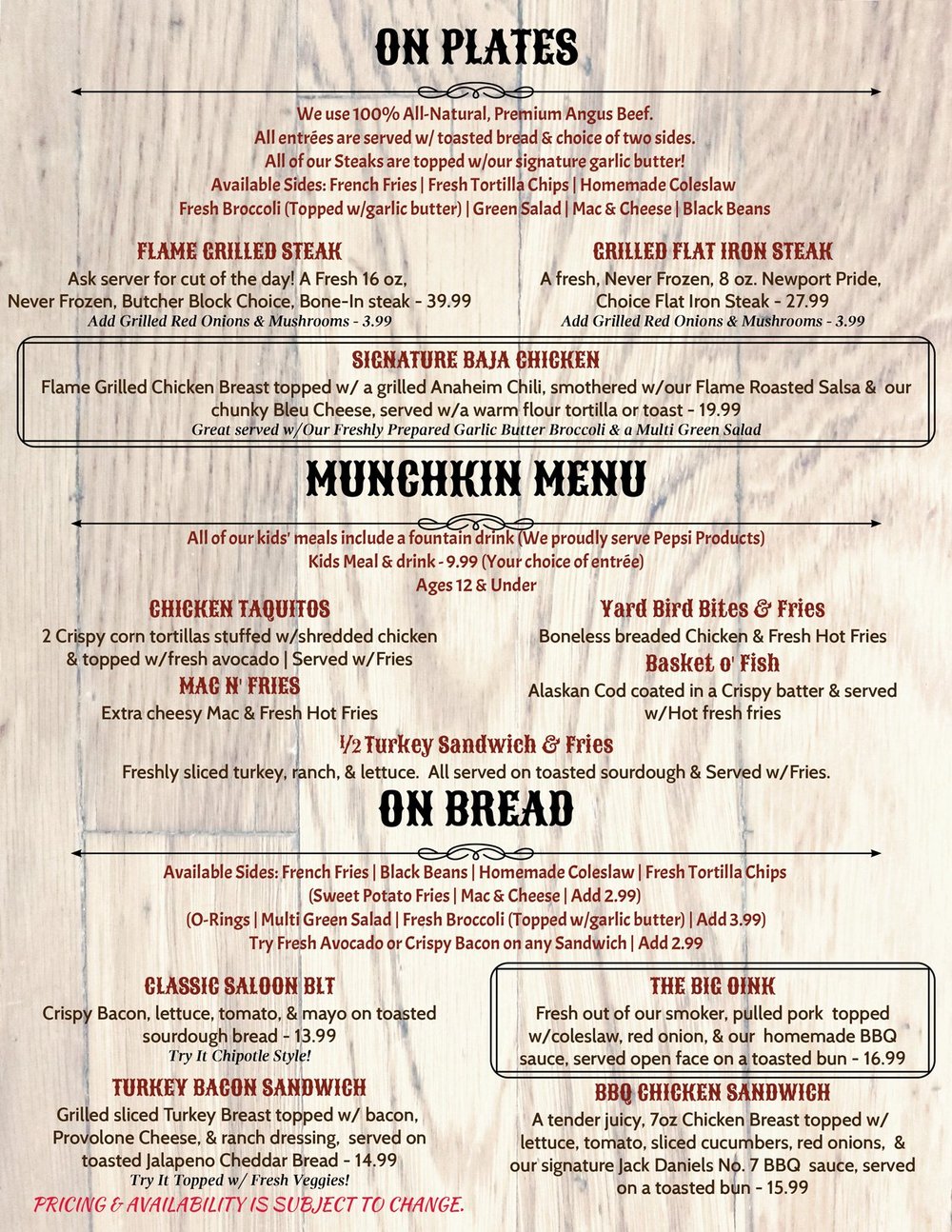 Joshua Tree Saloon & Grill — Menu