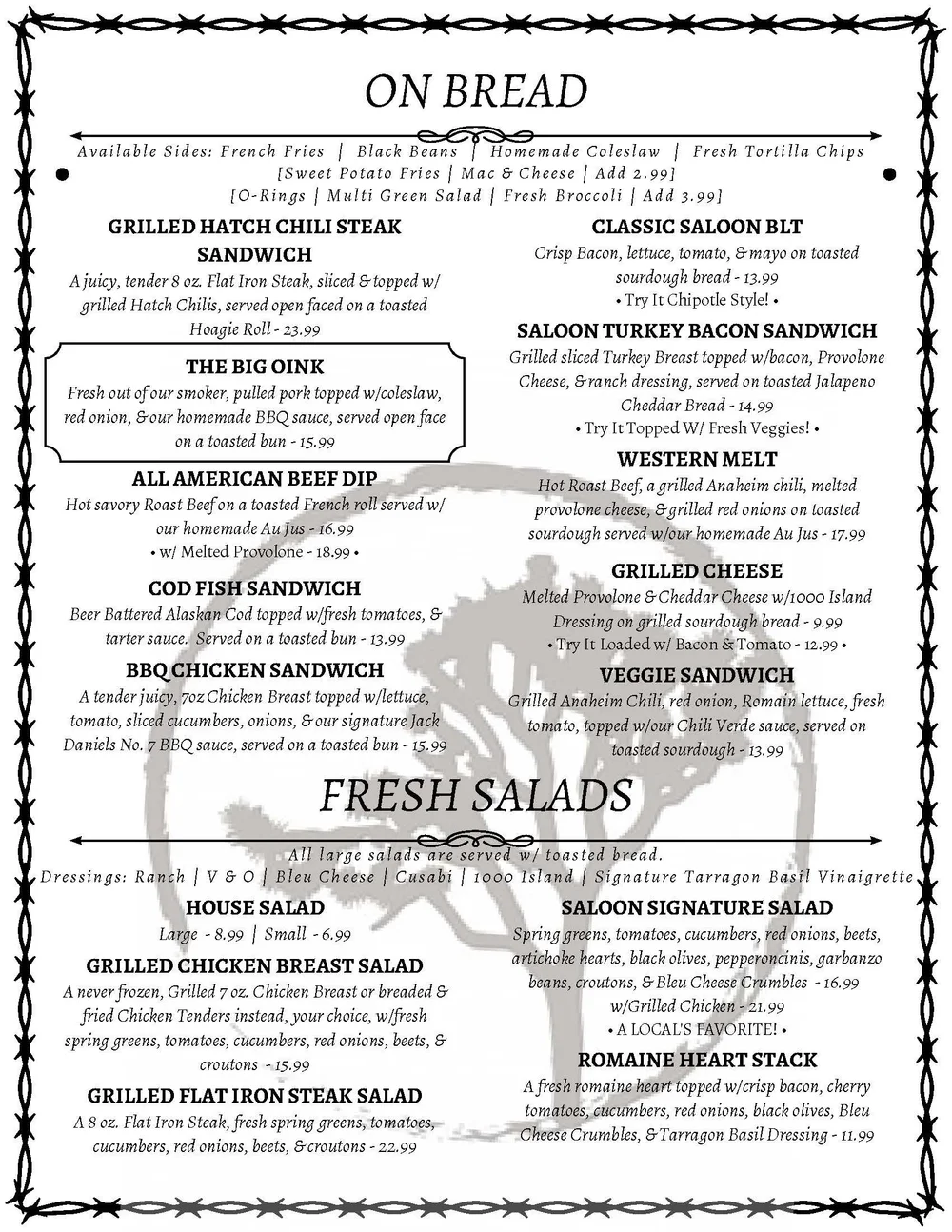 Joshua Tree Saloon & Grill — Dinner & Lunch Menu
