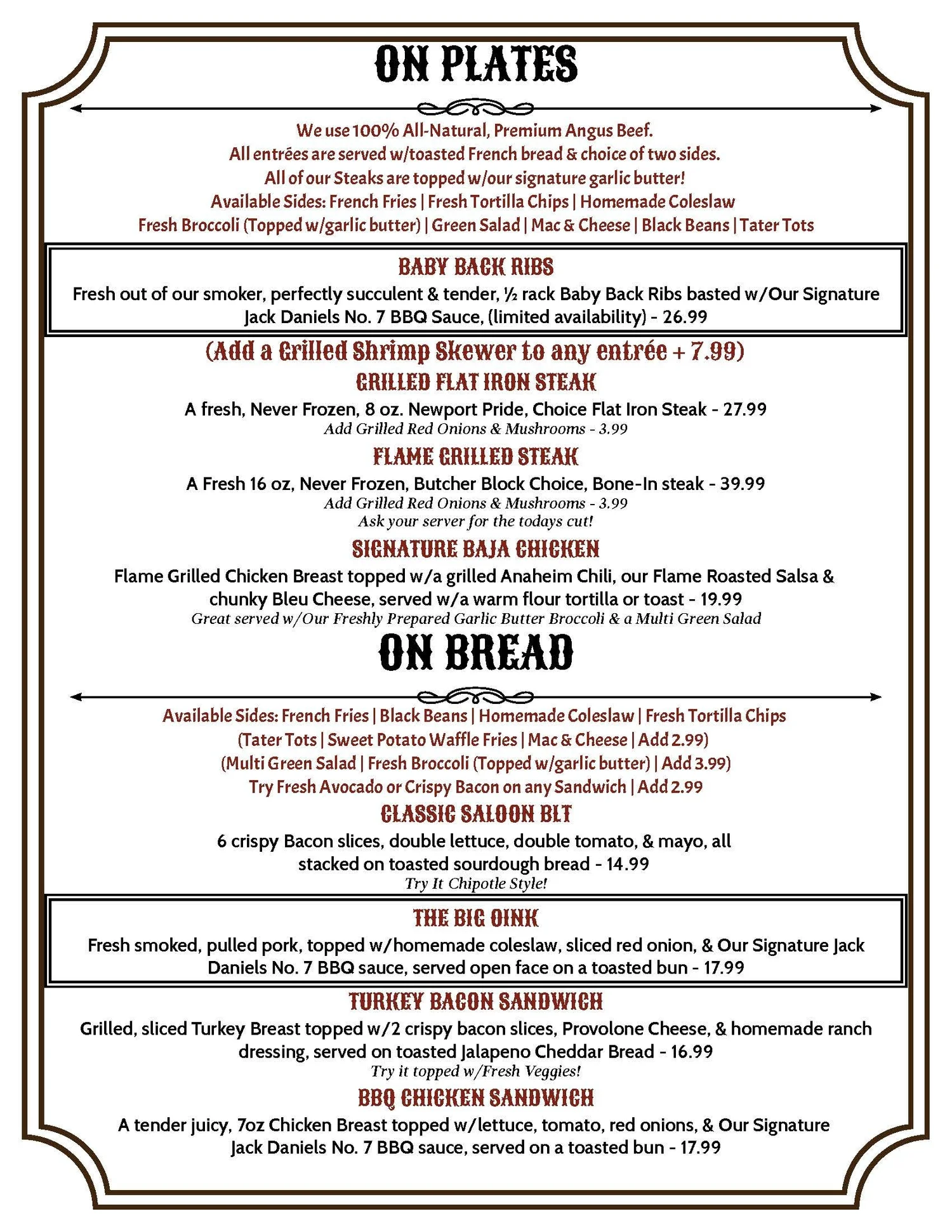 Joshua Tree Saloon & Grill — Menu