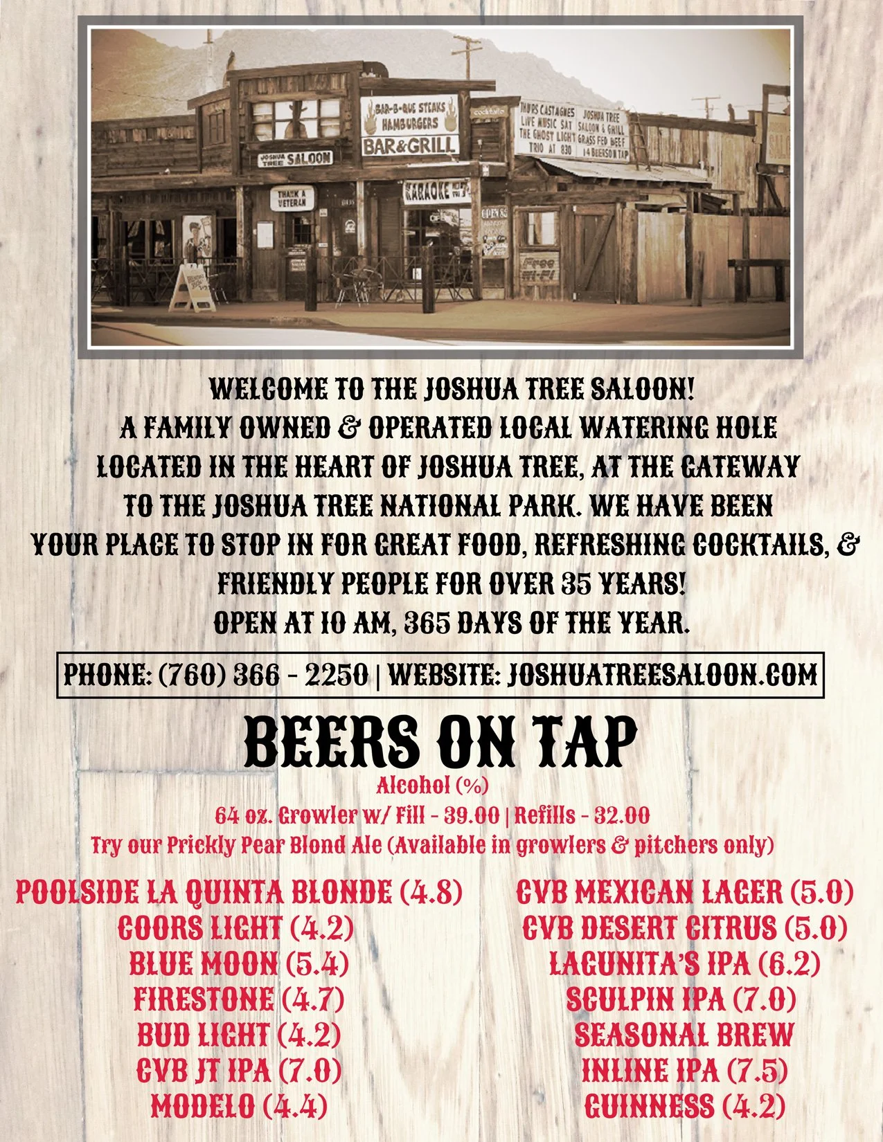 Joshua Tree Saloon & Grill — Menu