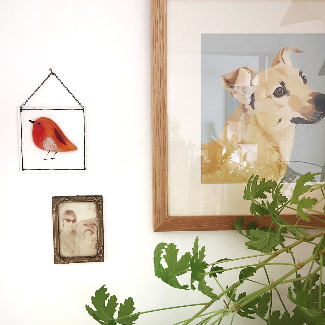 A fused glass robin memorial in the form of a glass picture to hang on ...