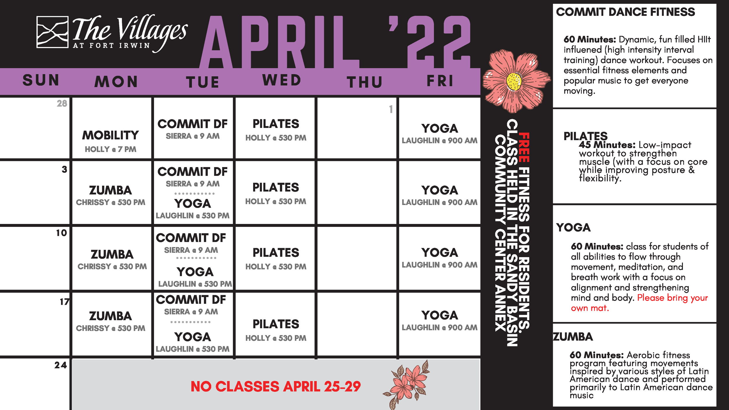 April Fitness Schedule — The Villages at Fort Irwin