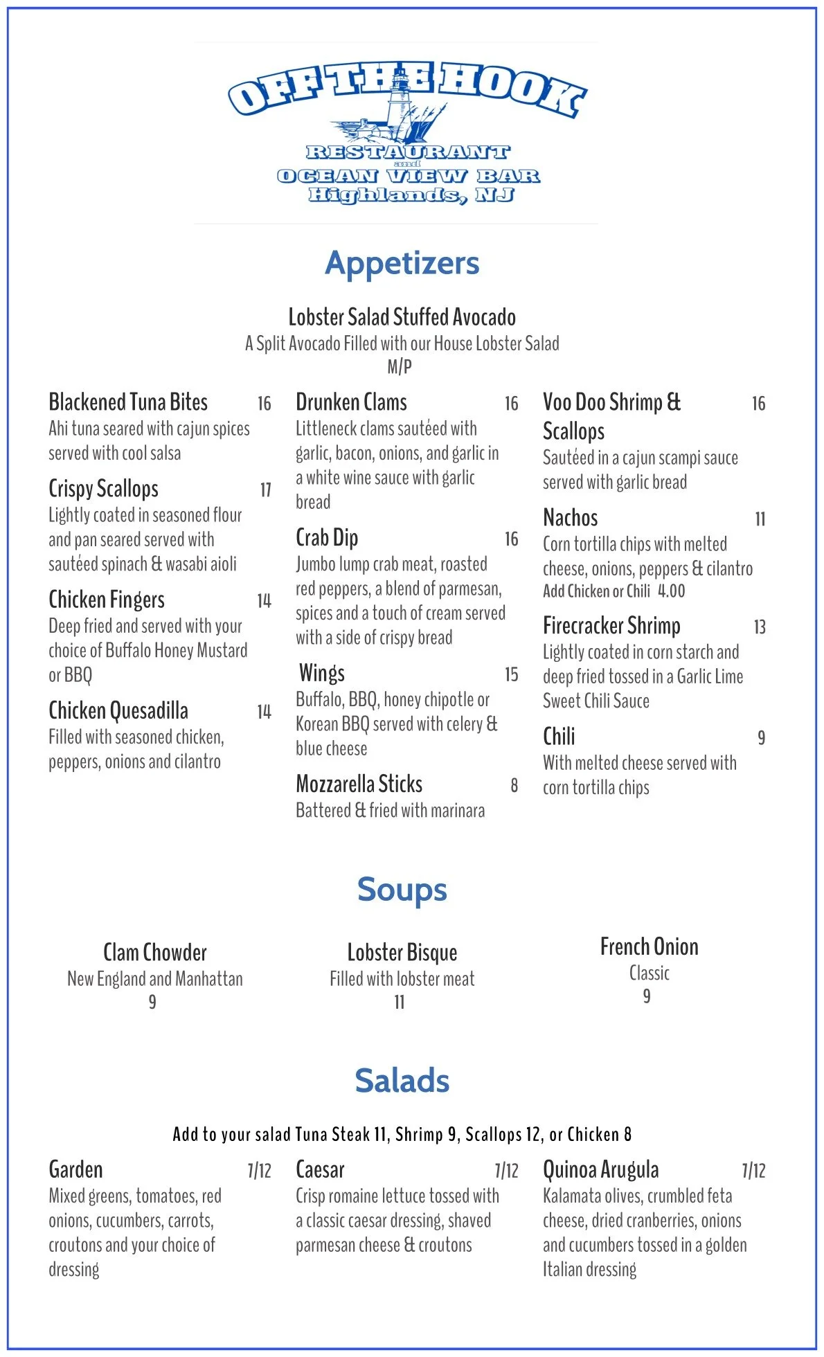 Menu — Off the Hook Restaurant & Bar
