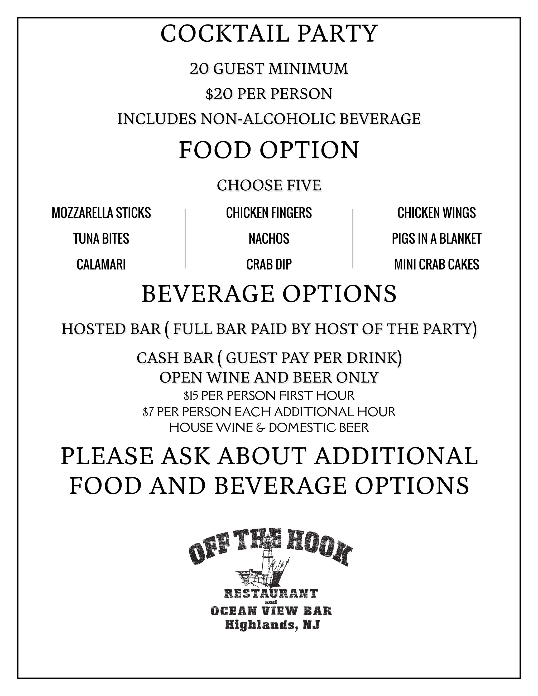 PArty & Event MENU — Off the Hook Restaurant & Bar