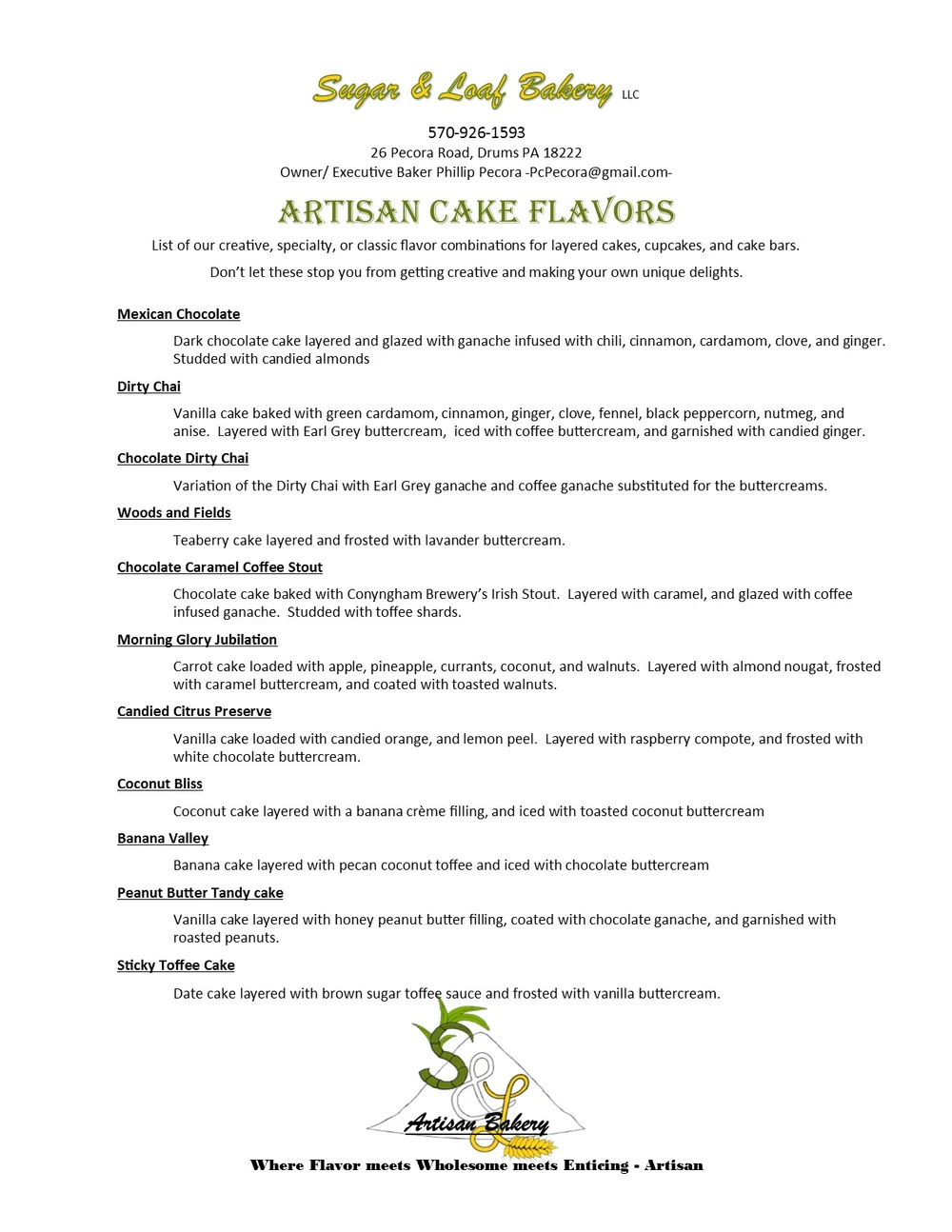 Cake Menu — Sugar & Loaf Bakery