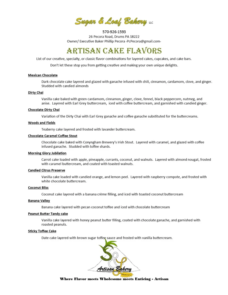 Cake Menu — Sugar & Loaf Bakery