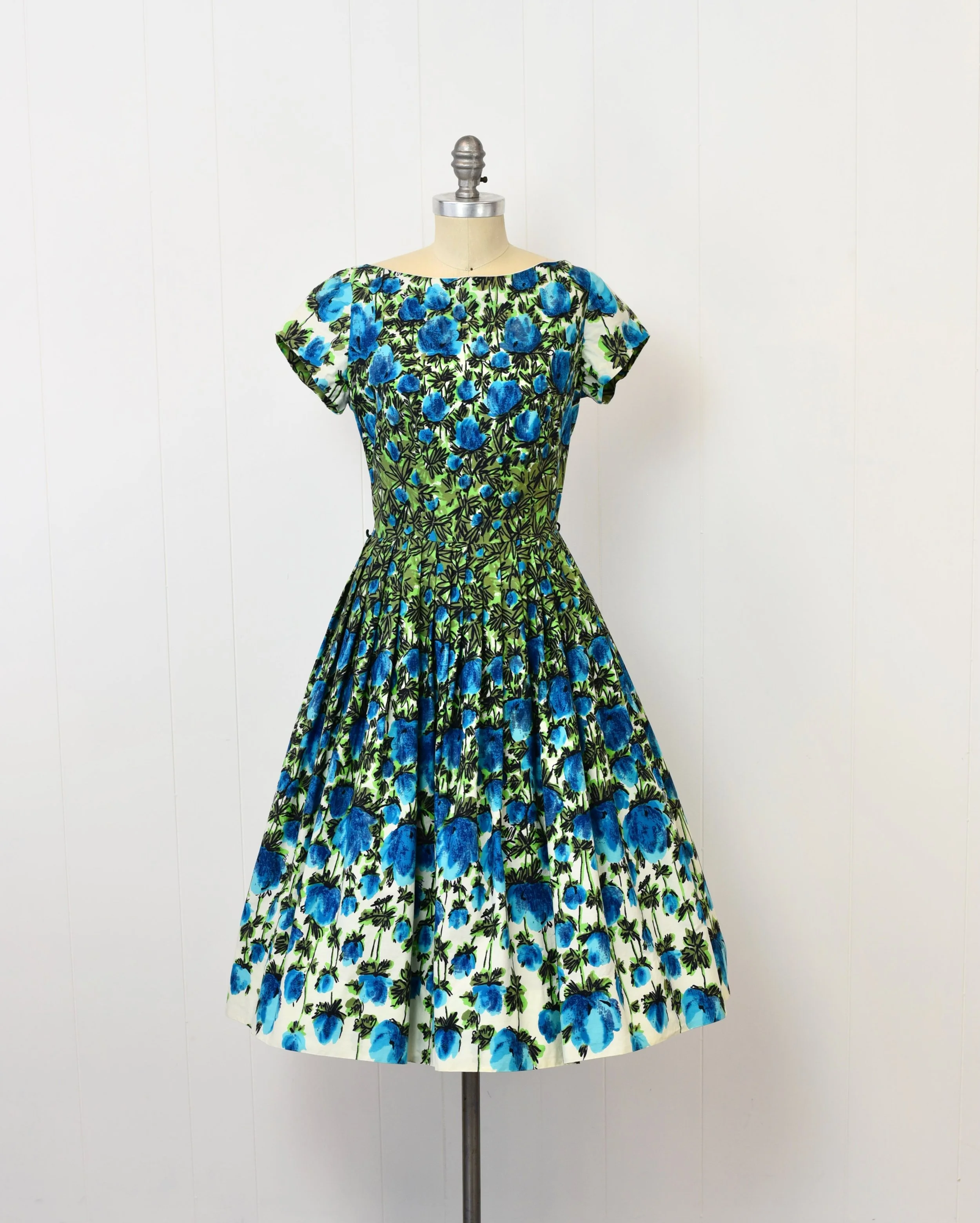 1950s Blue Green Rose Floral Border Print Toni Hunt Cotton Pinup Day ...