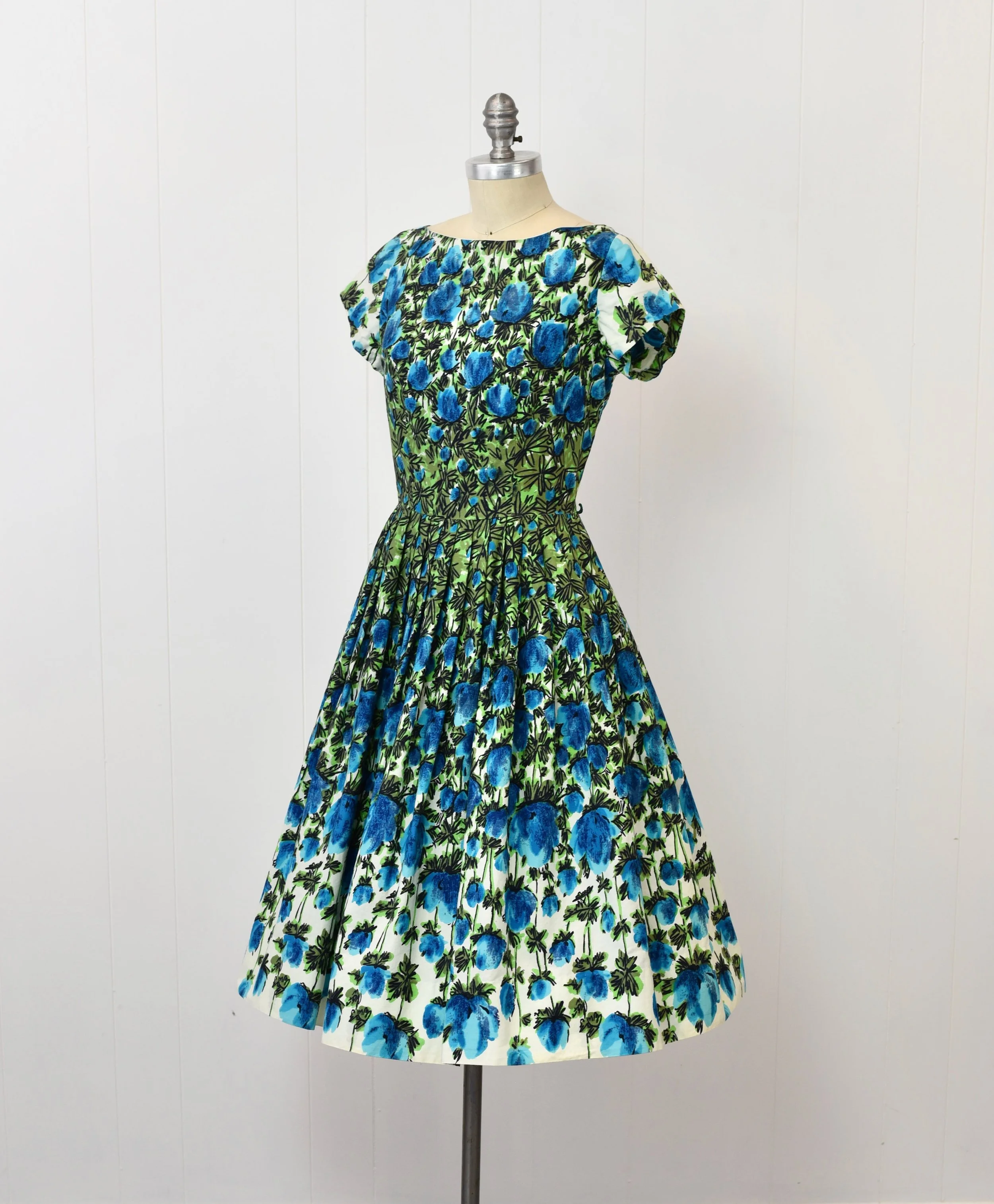 1950s Blue Green Rose Floral Border Print Toni Hunt Cotton Pinup Day ...