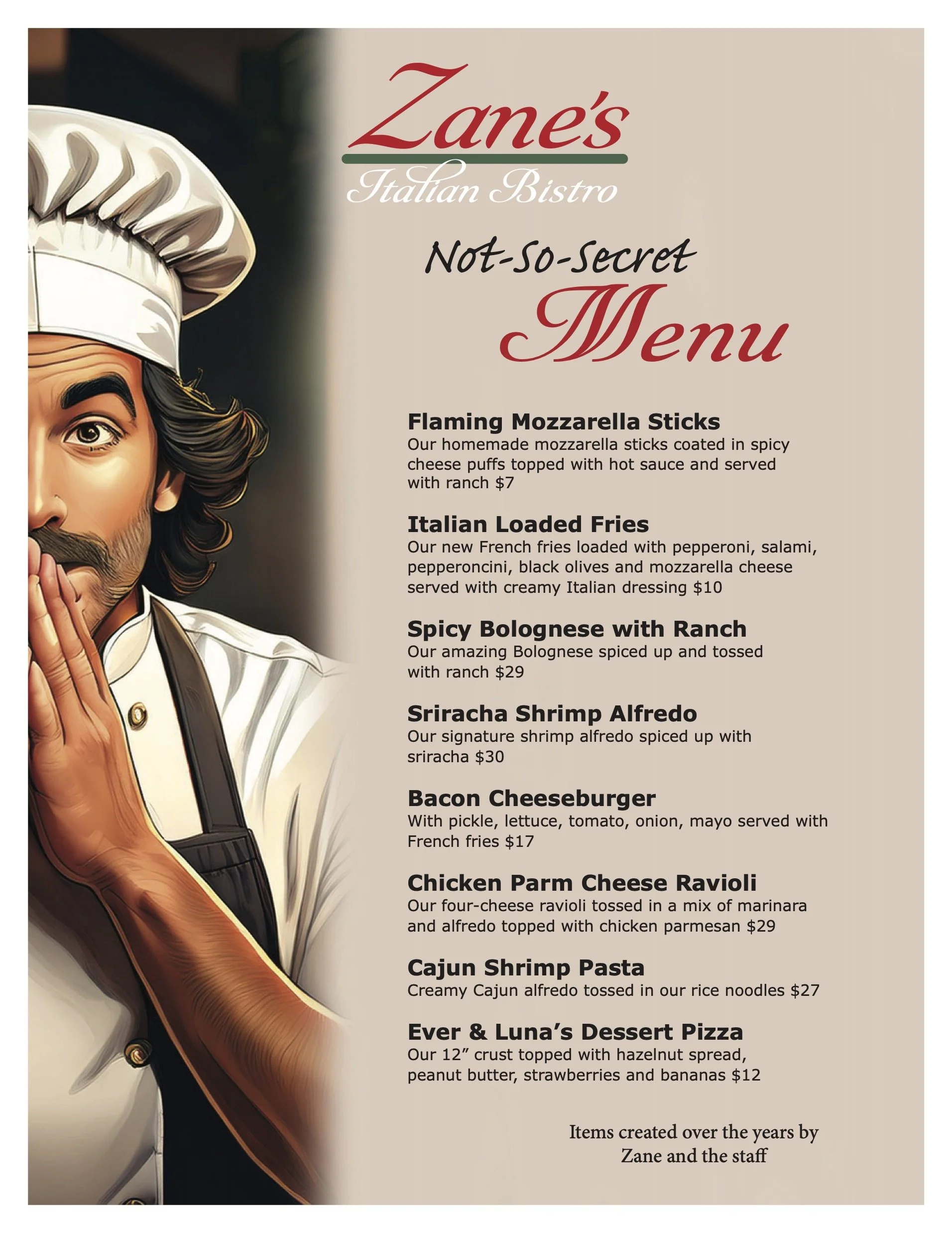 Secret Menu — Zane's Italian Bistro