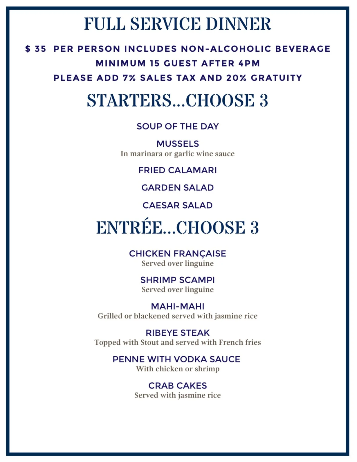 Private Party Menu — On The Deck Restaurant & Harbor View BAR