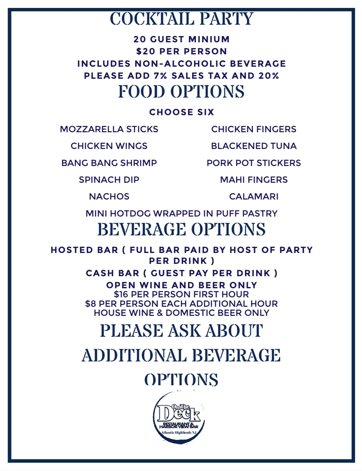Private Party Menu — On The Deck Restaurant &Harbor View BAR