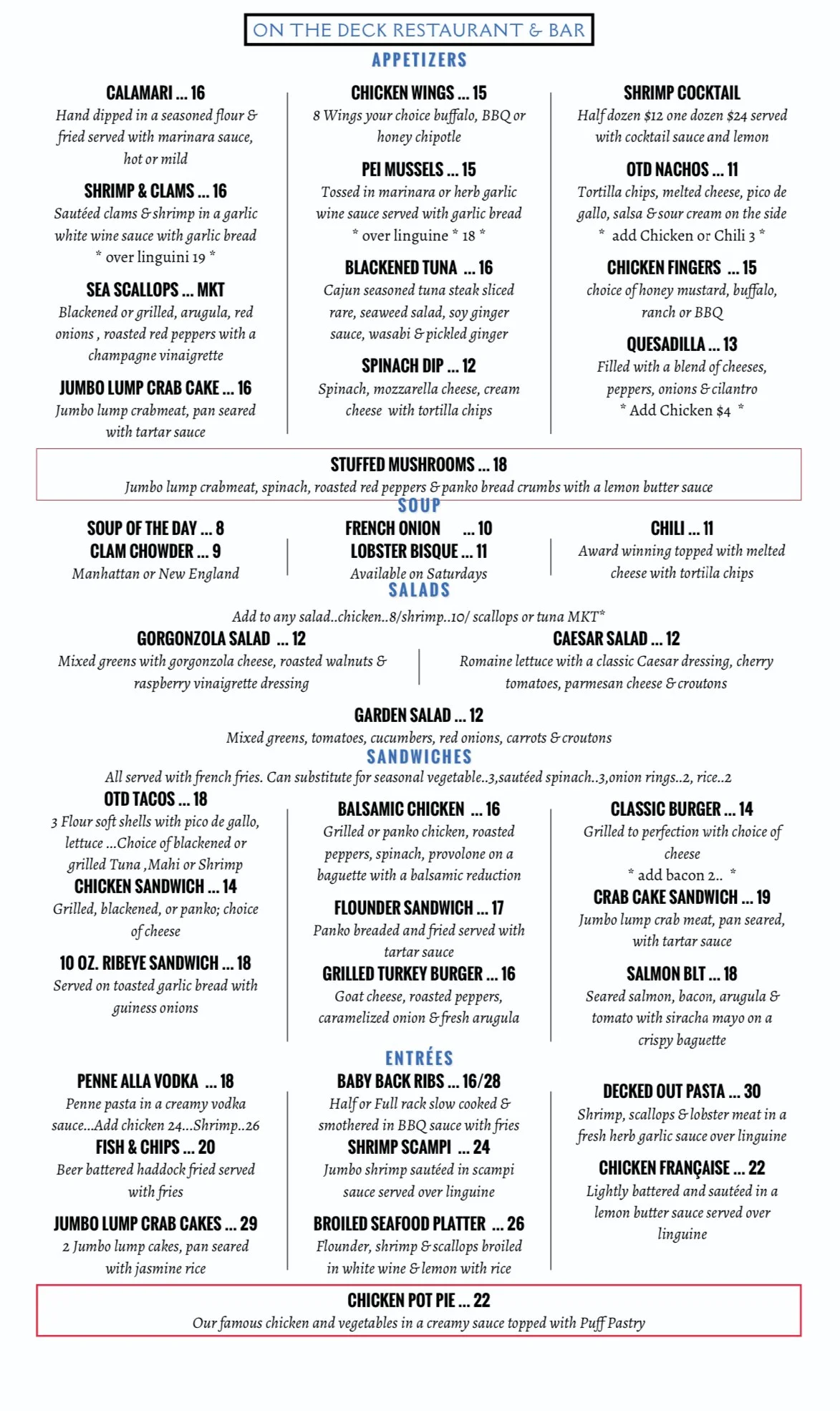 Menu — On The Deck Restaurant & Harbor View BAR