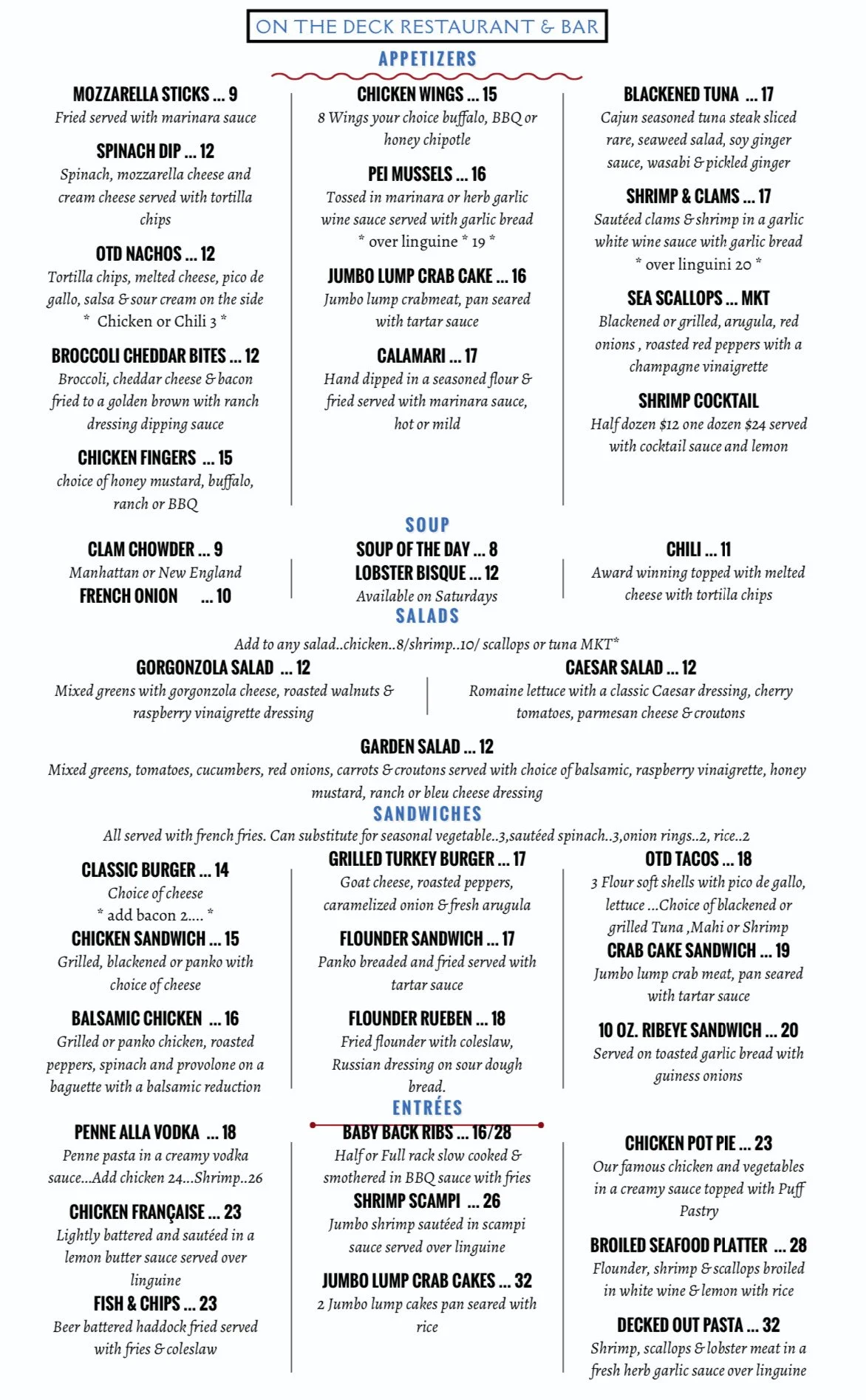 Menu — On The Deck Restaurant & Harbor View BAR