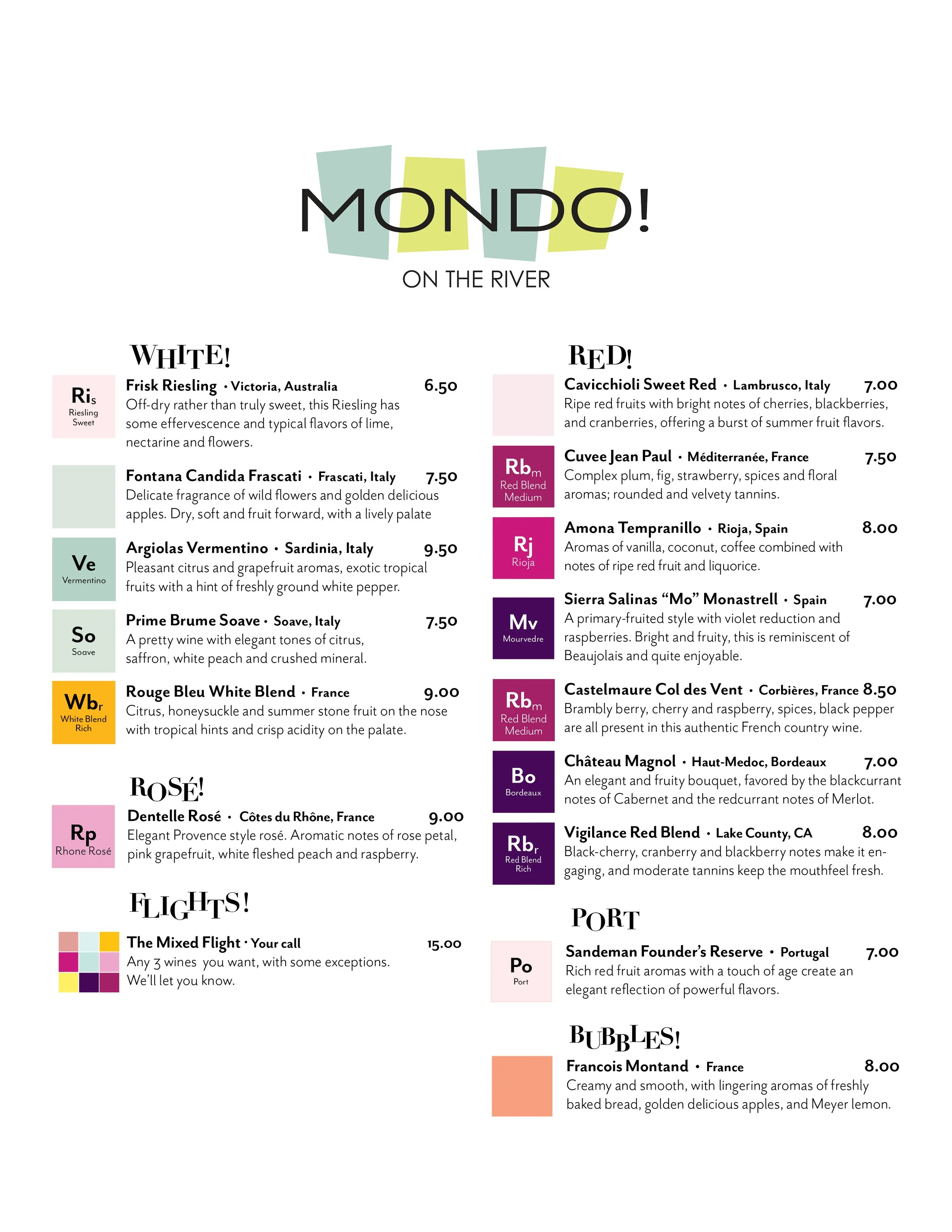 Wine, Beer, and Food Menu — Mondo! on the River