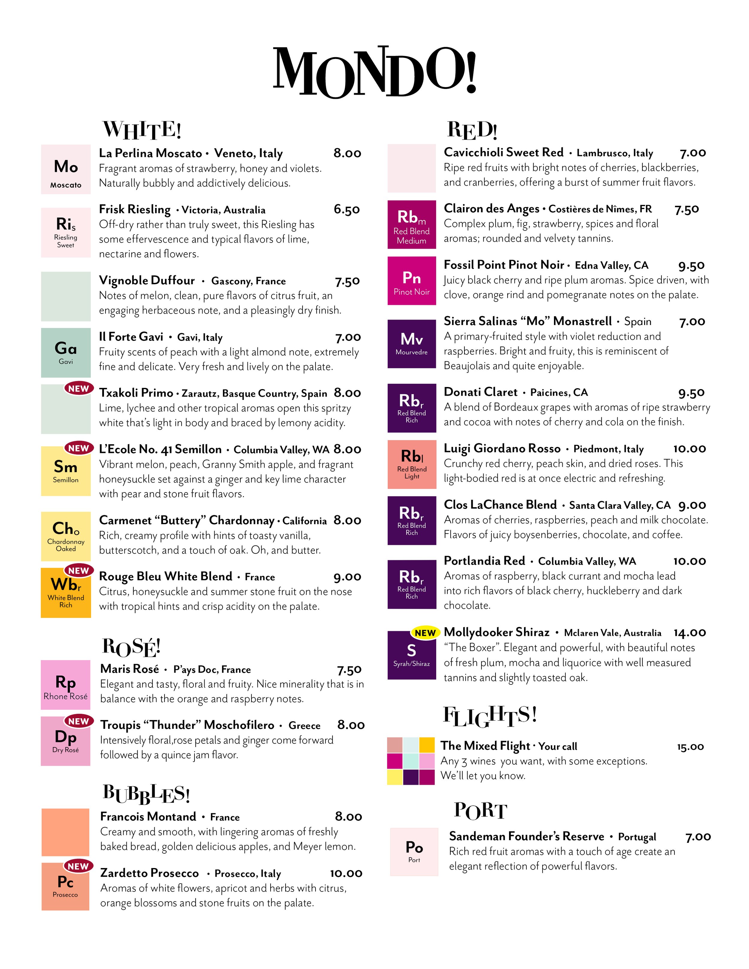 Wine, Beer, and Food Menu — Mondo! Wine Bar & Retail