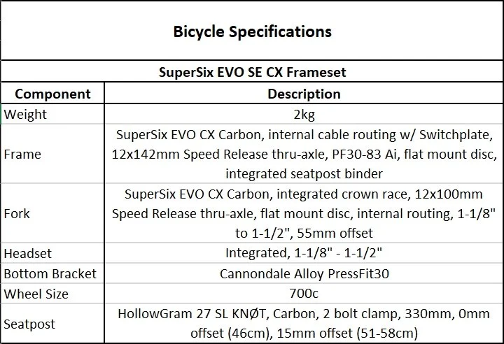 Cannondale SuperSix EVO SE CX Framekit | Hup Leong Company | The ...