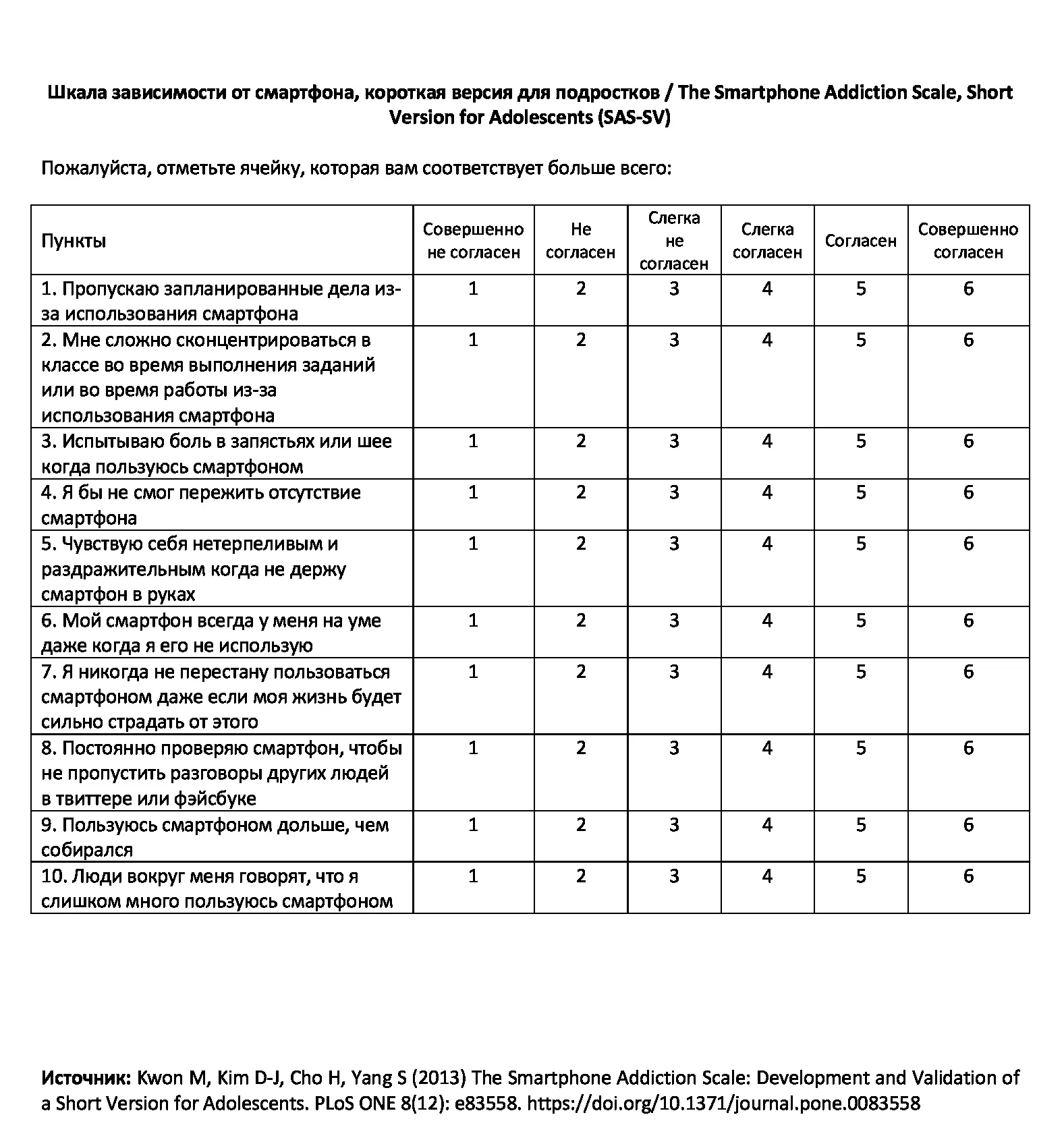 Шкала зависимости от смартфона, короткая версия для подростков / The Smartphone Addiction Scale ...