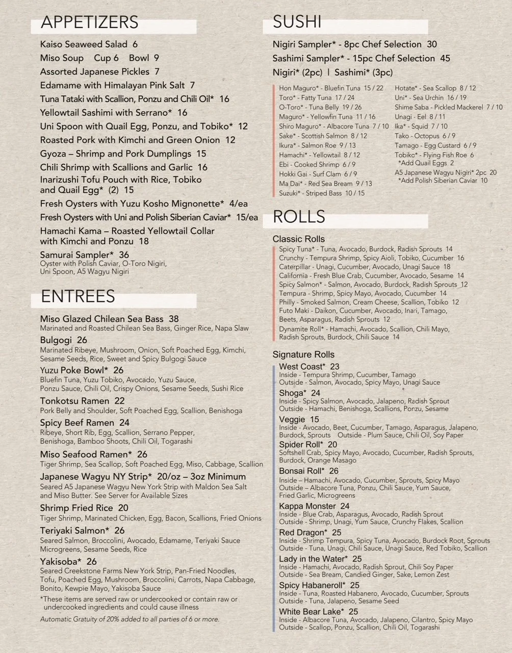 MENU — MIZU Japanese