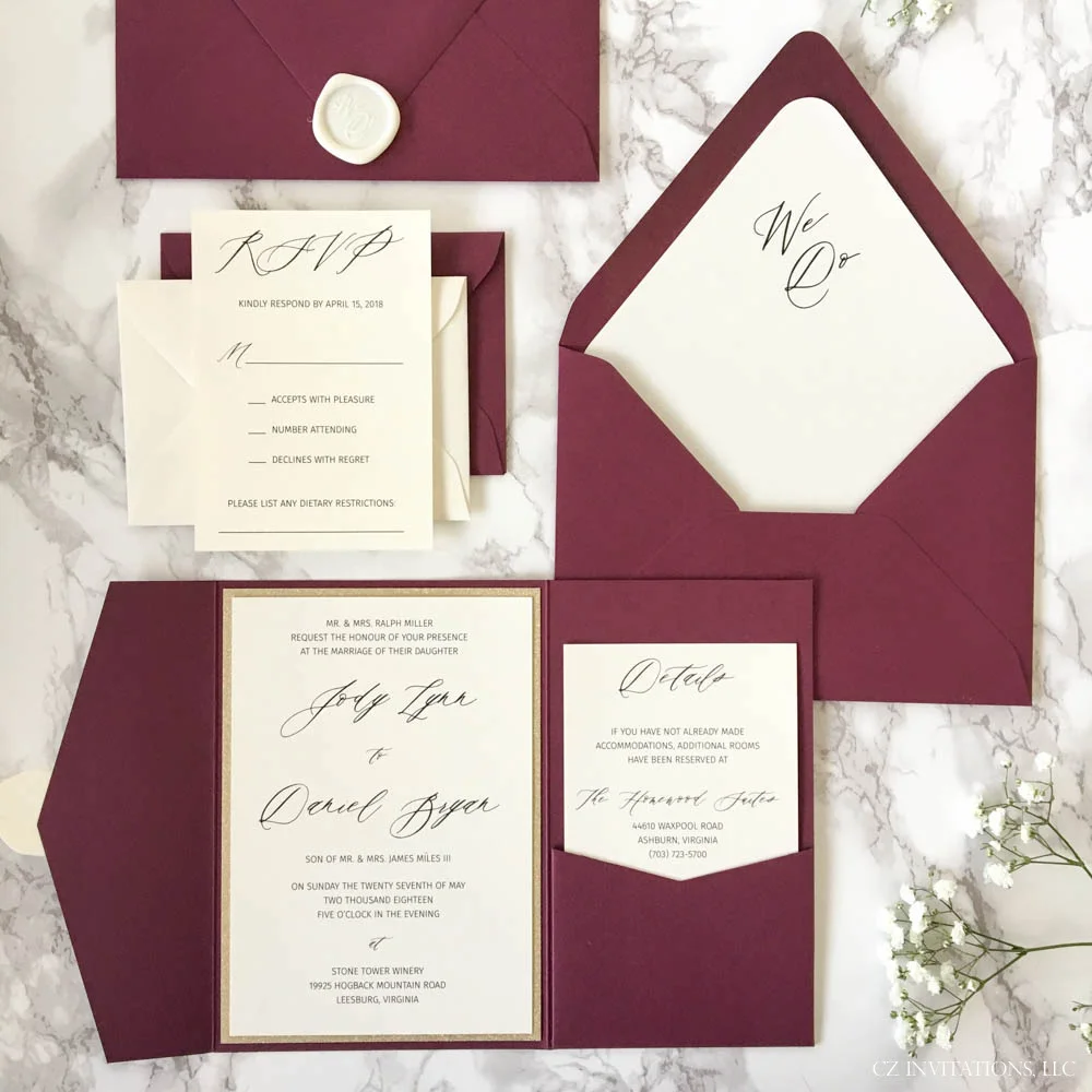 Burgundy and Gold Glitter Pocket Wedding Invitation — CZ INVITATIONS
