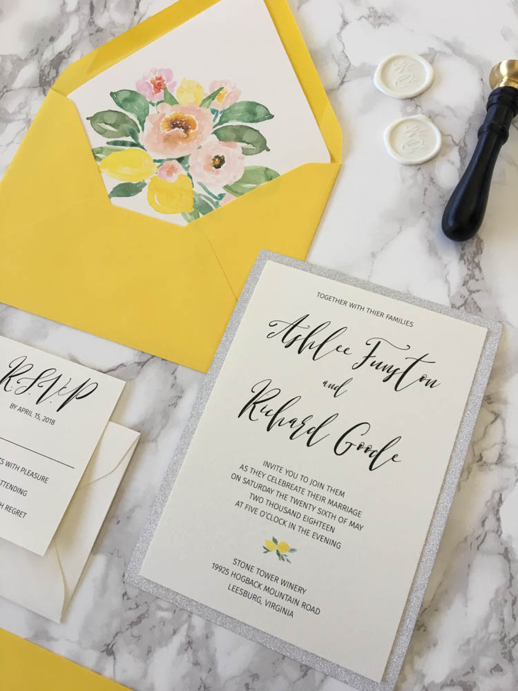 Lemon Yellow and Silver Glitter Wedding Invitation — CZ INVITATIONS