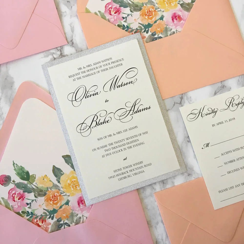 Pink and Silver Glitter Floral Wedding Invitation — CZ INVITATIONS