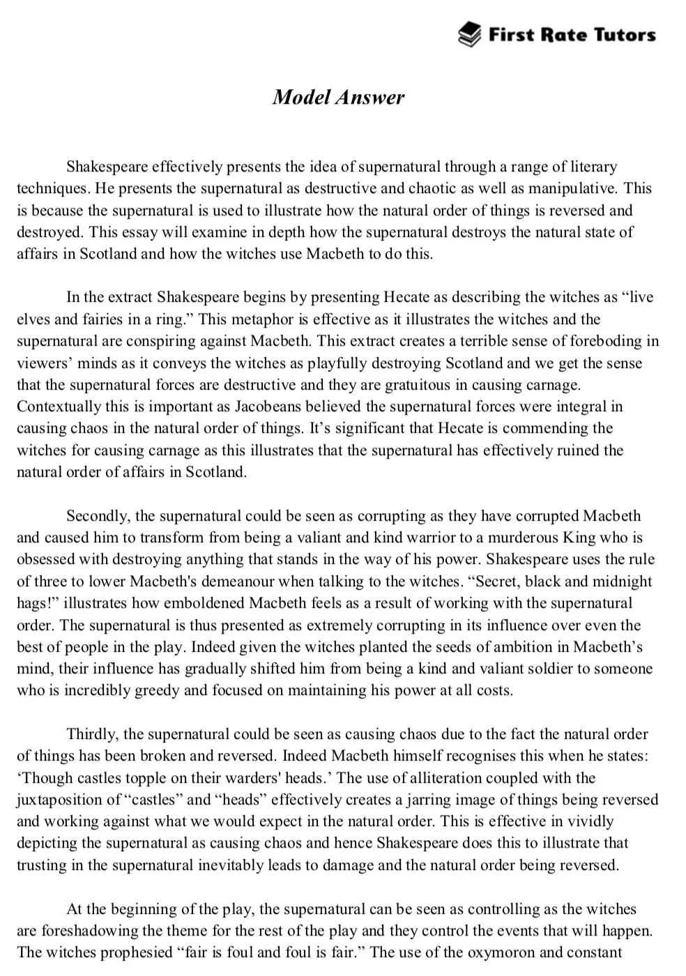 Macbeth Model Answers: AQA Exam Syllabus — First Rate Tutors