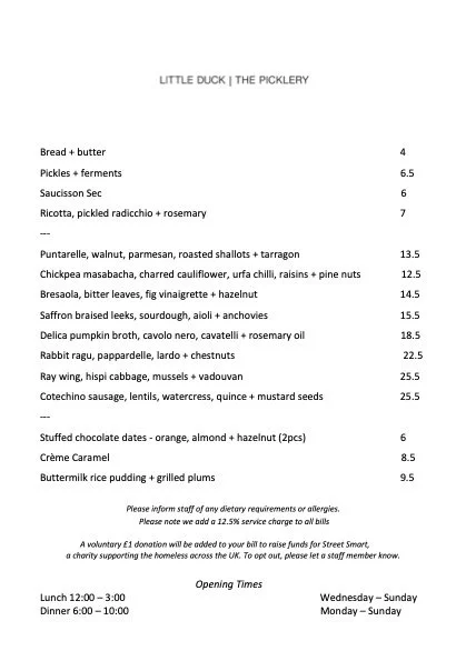 Menu — Little Duck | The Picklery