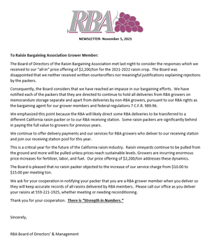 RBA — RAISIN BARGAINING ASSOCIATION