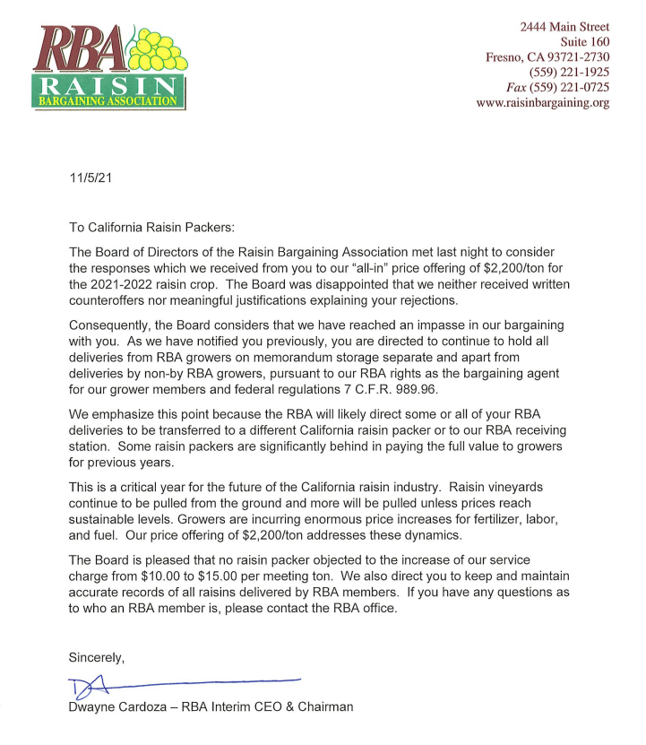 RBA — RAISIN BARGAINING ASSOCIATION